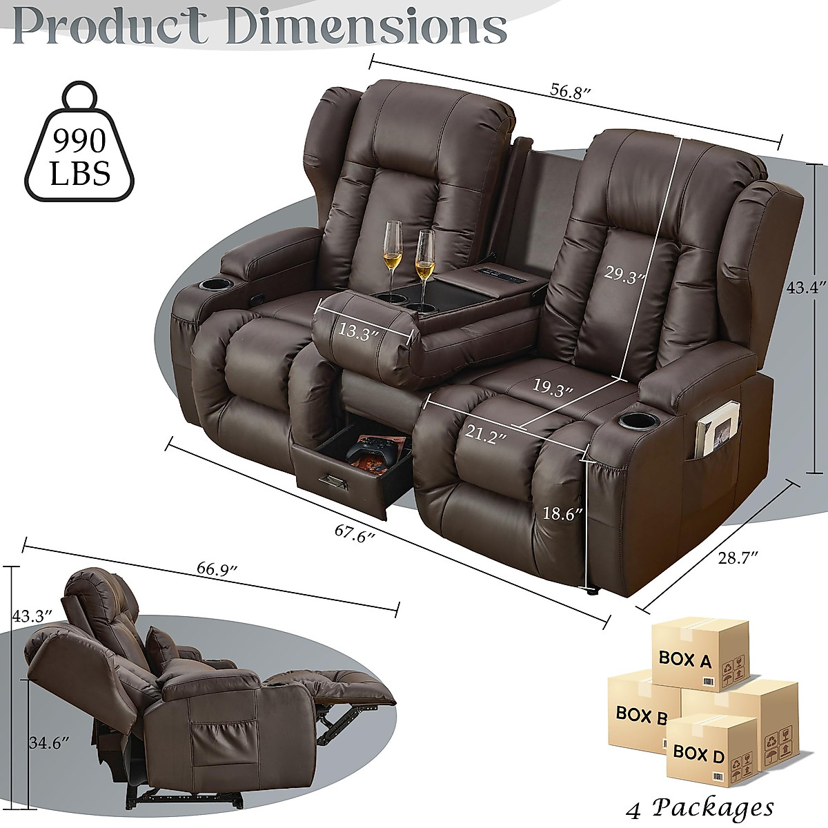 URRED Loveseat Recliner Sofa for Living Room, 67" RV Loveseat Sofa Home Theater Seating with Flipped Backrest Console, Wall Hugger, Hide Storage, Cup Holders (Faux Leather, Brown)