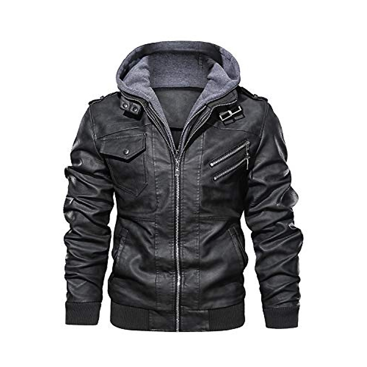 HOOD CREW Men’s Casual Stand Collar PU Faux Leather Zip-Up Motorcycle Bomber Jacket With a Removable Hood