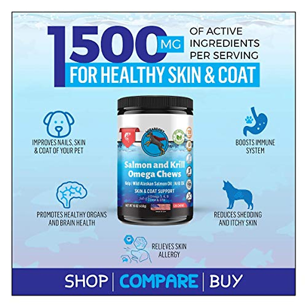 WIZARDPET Wild Alaskan Salmon & Krill Oil Chews for Dogs | 120 Soft Treats | Omega 3 6 9 Fish Supplement with EPA, DHA for Itch Free Skin Coat Joints | Allergy Relief | Reduce Hair Shedding | USA