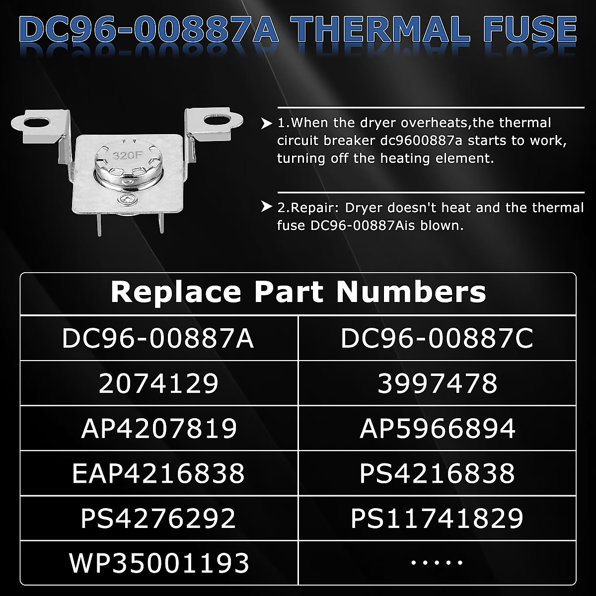 【Upgraded】DC47-00019A Dryer Heating Element for SAMSUNG DV40J3000EW/A2 DV45H7000EW/A2 DV42H5000EW/A3 DVE50R5400V/A3 DV42H5200EP/A3 DV210AEW/XAA DVE50M7450W/A3 DV42H5200EP DV48H7400EW/A2