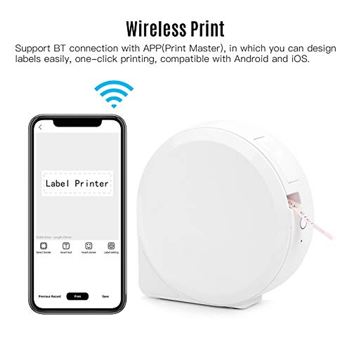 VIBY Portable Label Maker Printer Thermal Transfer Printer Manual Cutting 180dpi BT Connection with APP Multiple Languages (Color : OneColor)