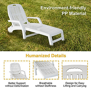 Vilobos 2 Pack Folding Lounge Chaise Chair on Wheels 4 Adjustable Backrest Positions Patio Lounge Chairs for Outside with Storage Basket, 440lbs Weight Capacity White Pool Furniture, Waterproof