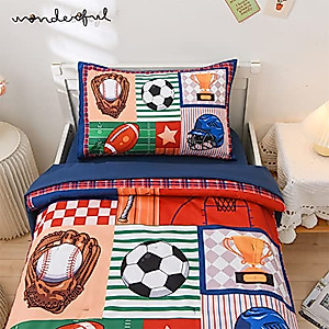 A Nice Night Sports Patchwork for Boys Basketball Baseball Rugby Soccer Printed Toddler Bedding Set,Includes Comforter, Flat Sheet, Fitted Sheet and Pillowcase, Navy