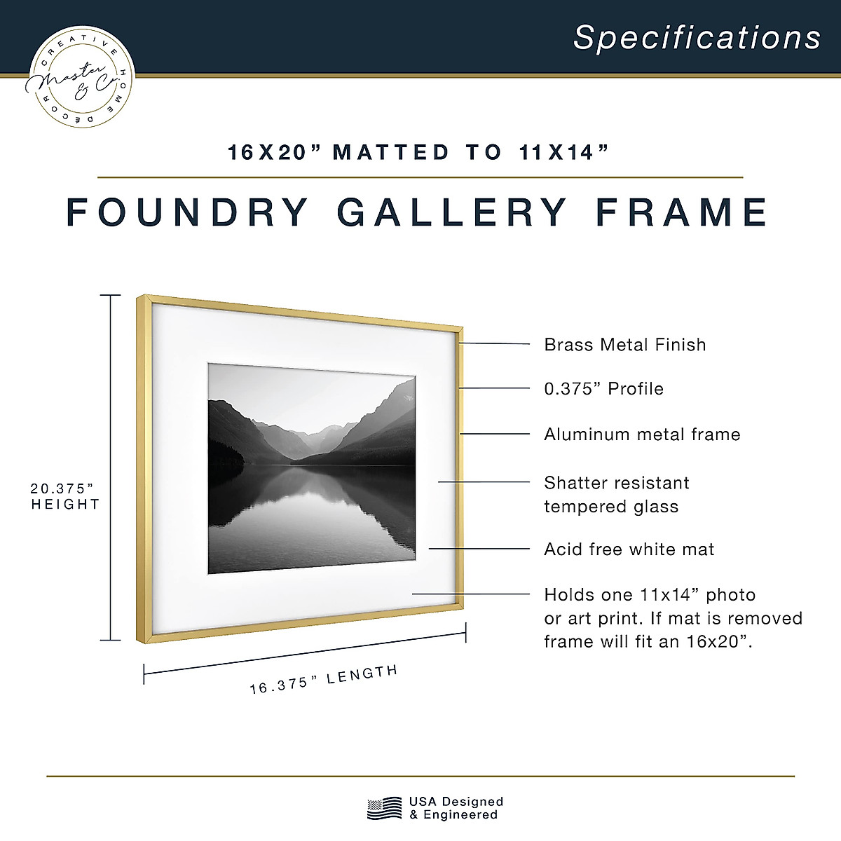 MCS Master & Co. Foundry Metal Gallery Wall Frame, Brass, 16 x 20 in matted to 11 x 14 in