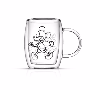 JoyJolt Aroma Disney Mickey and Pluto 13.5oz Glass Cups Set. 2 Insulated Double Wall Glass Coffee Cups, Insulated Coffee Cup Set. Unique Coffee Mugs, Large Espresso Cups. Disney Cups and Disney Mugs.
