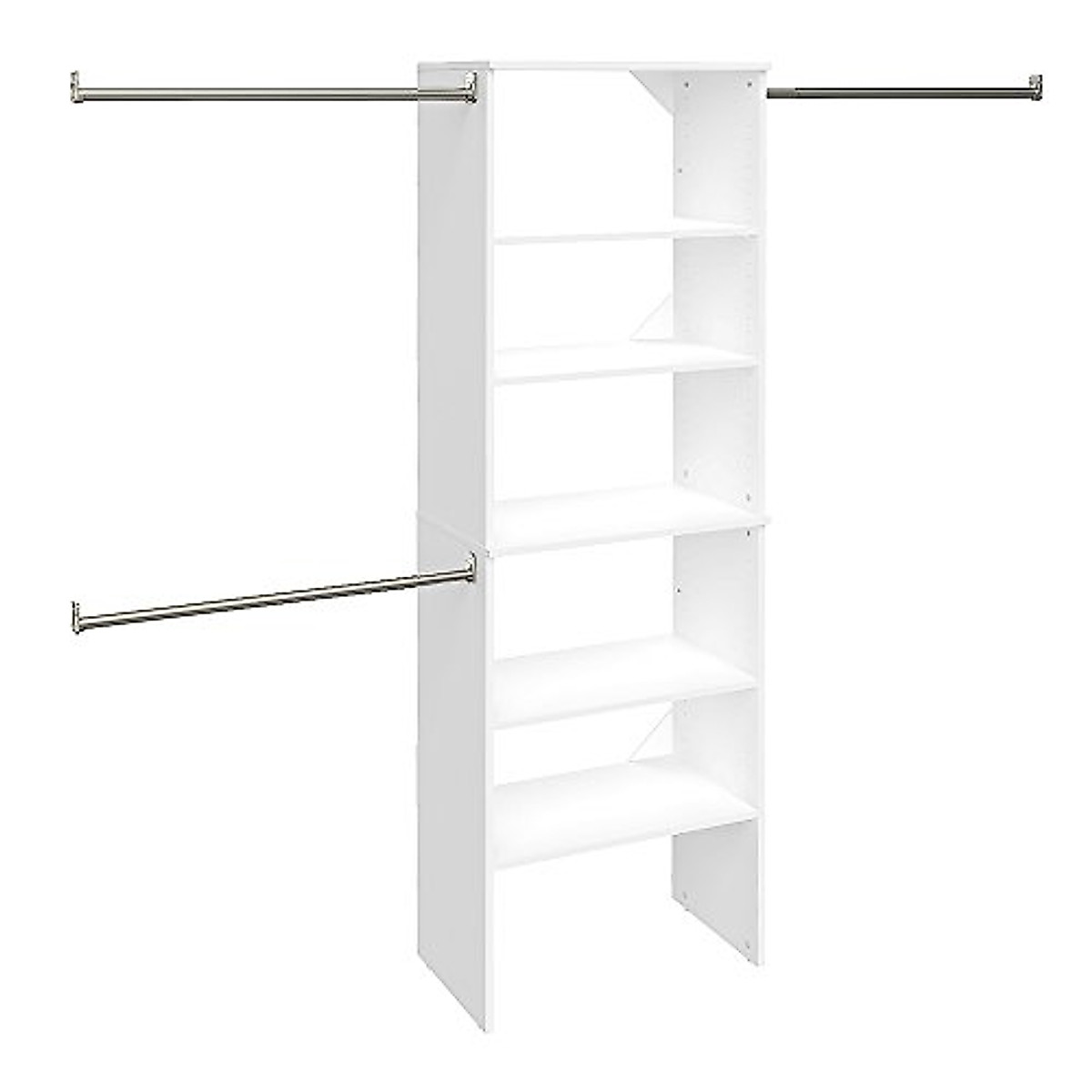 ClosetMaid SuiteSymphony Wood Closet Organizer Starter Kit Tower and 3 Hang Rods, Shelves, Adjustable, Fits Spaces 5 – 10 ft. Wide, Pure White, 25"
