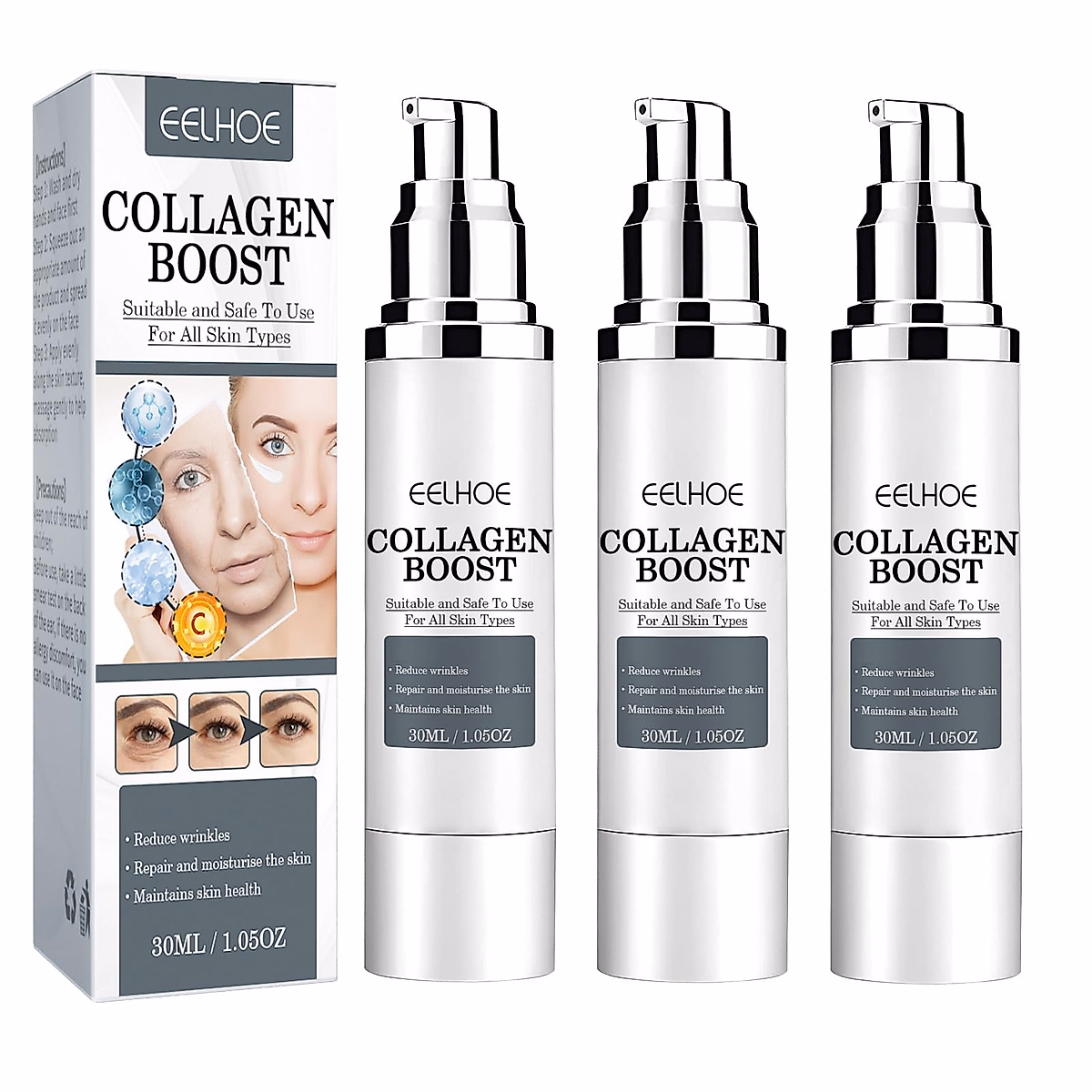 3Pcs EELHOE Collagen Boost Anti Aging Serum, EELHOE Collagen Anti-Wrinkle Cream, Voletas Collagen Boost Anti-Aging Serum