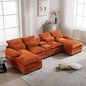 Neylory Modular Sectional Sofa 123" U-Shape Sofa Couch, Chenille 6-Seat Cloud Couch with Cupholder and USB Ports, Chaise Upholstered for Living Room, Apartment, Dark Gray