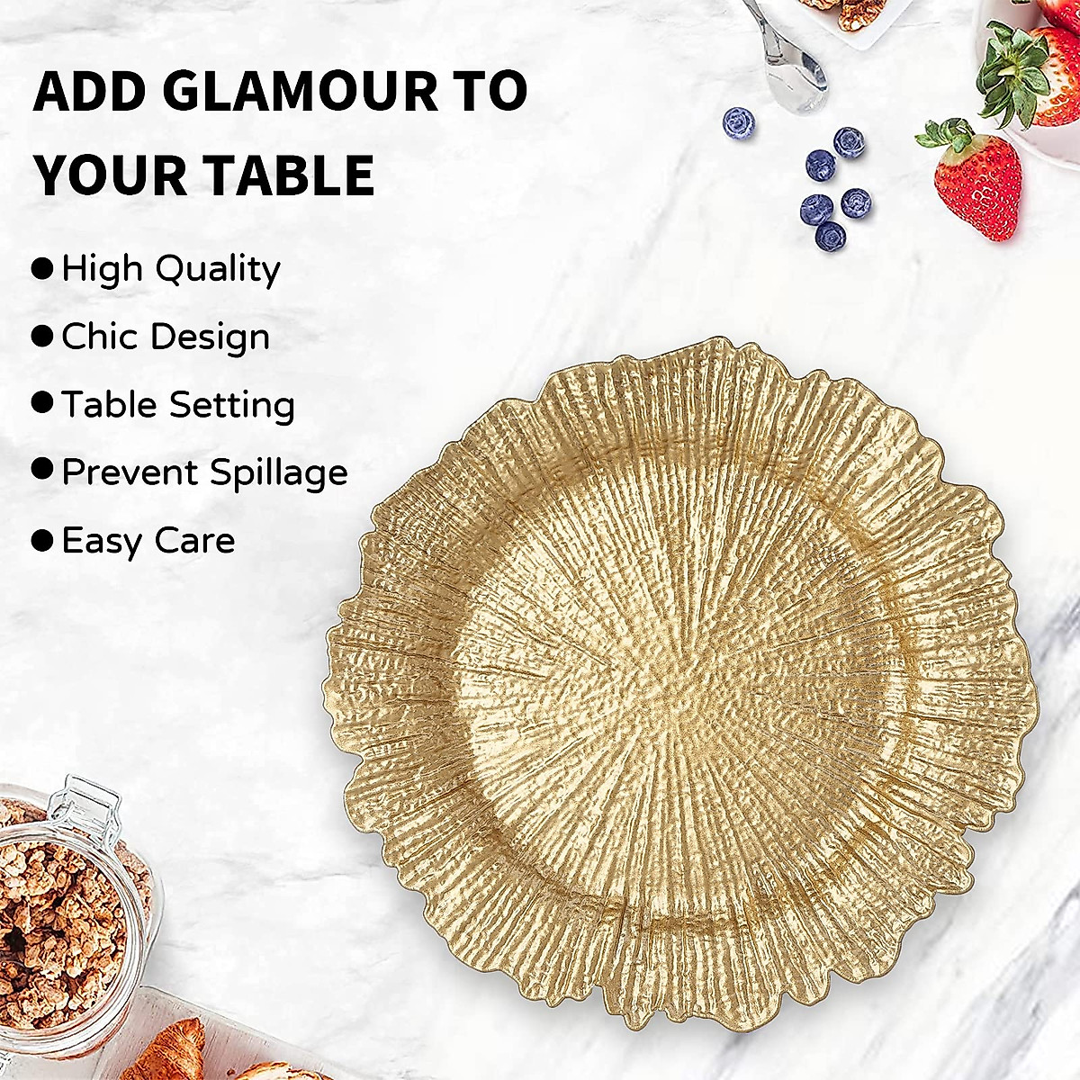 MAONAME Round 13" Gold Charger Plates, Set of 6, Reef Plate Chargers for Dinner Plates, Plastic Table Chargers for Wedding, Thanksgiving, Christmas