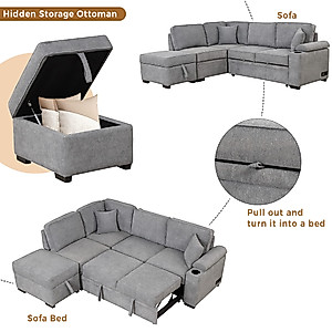 Merax Sleeper Sofa Bed L Shaped Sectional Couch with Storage Ottoman and Chaise for Living Room, Small Apartment Love Seats, Gray_Linen