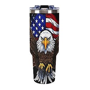 USA Flag Patriotic Eagle Insulated Stainless Steel Travel Mug, 40 Oz Tumbler with Handle And Straw Double-Wall Vacuum Coffee Cup, Leak-Proof Lid, Keeps Drinks Hot/Cold for Hours