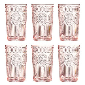 Vintage Glassware Romantic Drinking Glasses - 12 OZ Pink Glassware Embossed Glasses Drinking Set of 6 - Perfect Glass cups for Coffee, Cocktails, and Beverages, Dishwasher Safe, Ideal for Gifting