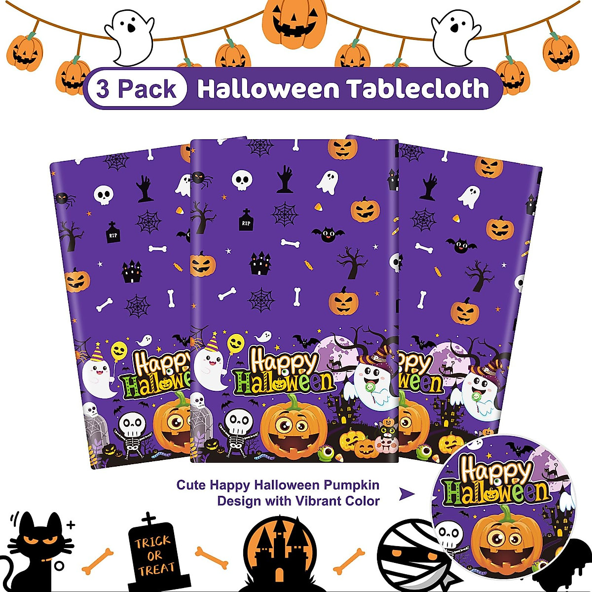 3 Pcs Happy Halloween Tablecloth - Halloween Cute Pumpkin Ghost Plastic Table Cloth Disposable Rectangular Purple Table Covers for Halloween Table Decorations Party Supplies Decor, 108 x 54 Inch