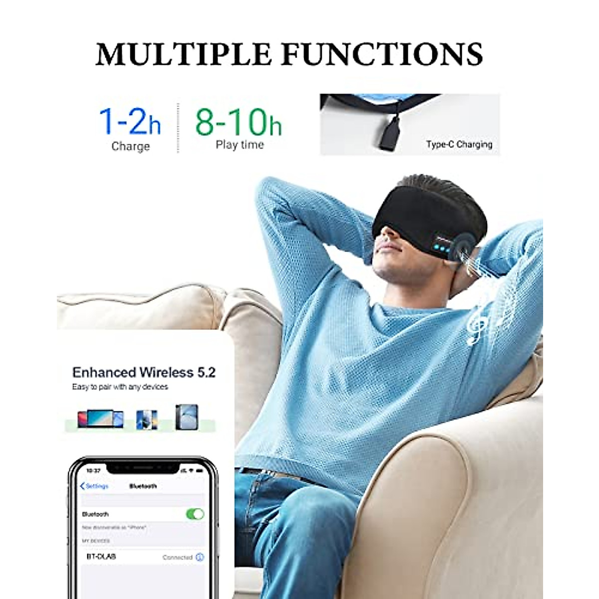 Sleep Headphones Sleep Mask Headphones, Wireless Eye Mask, Adjustable&Washable Music Travel Sleeping Headset with Built-in Speakers Microphone Hands-Free for Air Travel,Siesta and Sleeping