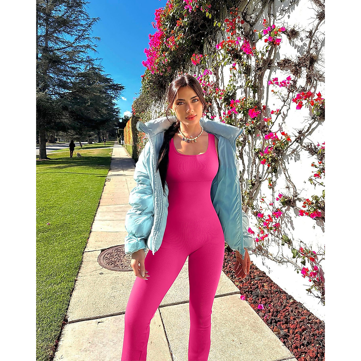 OQQ Women‘s Yoga Jumpsuits Ribbed Workout Sleeveless Tank Tops Bell Bottoms Flare Jumpsuits Rose3