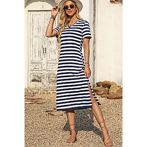MARZXIN Women 2025 Casual Maxi Dress Short Sleeve V Neck Stripe Sundress Split Loose Long Summer Tshirt Activewear Dress Blue L