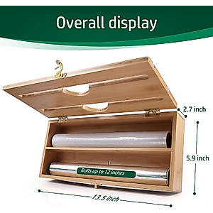 2 in 1 Food Wrap Organizer with Cutter, Bamboo Wrap Dispenser for Aluminum Foil, Wax Paper, Plastic Wrap, Wall Mounted or Kitchen Drawer Organization and Storage Holder,Max for 12" Roll