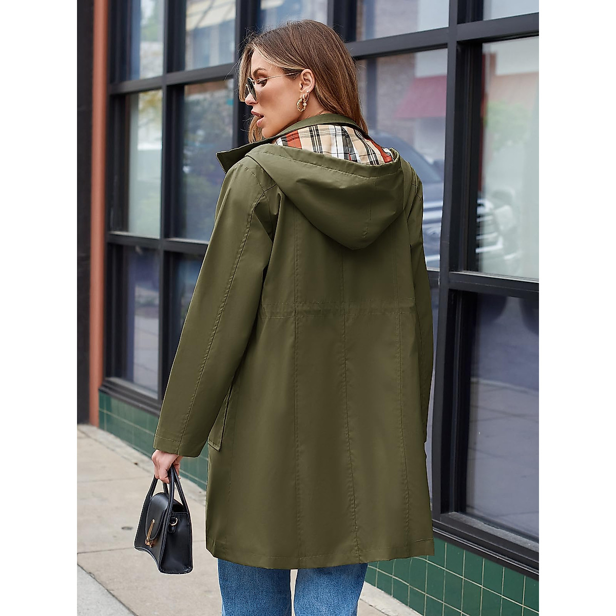 SaphiRose Women's Waterproof Rain Jacket Lightweight Raincoat Hooded Windbreaker Trench Coat (Army Green,XX-Large)