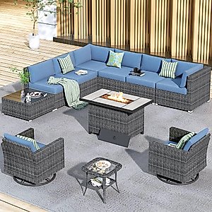HOOOWOOO 11 Piece Patio Sectional Furniture Set with Fire Pit Table,Modern Wicker Outdoor Conversation Sofa Sets,Weather Resistant Modular L Shaped Outside Couch Swivel Chair Set(Denime Blue)