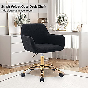 HomVent Furry Cute Office Chair, Teddy Swivel Desk Chair, Faux Fur Makeup Vanity Chair with Back, Black and Gold Desk Chair with Wheels, Upholstered Rolling Chair for Vanity Makeup Room Girls Women