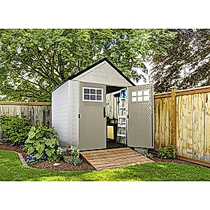 Rubbermaid 7x7 Ft Durable Weatherproof Resin Outdoor Storage Shed for Garden Tool and Lawn Machinery Organization, Sandstone (2 Pack)