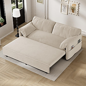 ONEMMLION 63.8" Queen Pull Out Couch Sofa Bed, 3 in 1 Convertible Sleeper Sofa with Side Storage, Velvet Loveseat Futon Comfy Cloud Couches for Living Room, Apartment, Small Space, Beige