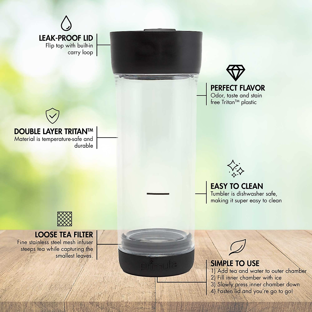 Primula Press and Go Iced Tea Maker, Travel Tumbler, Infuser Bottle, Leak-proof Flip-top Lid with Carry Loop, Dishwasher Safe, Made without BPA, 16-Ounce, Black, 1 Count (Pack of 1)