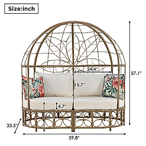 Merax Round Outdoor Patio Daybed, Conversation Sofa Set with Canopy, Wicker Loveseat Sunbed with Floral Pattern, Colorful Pillows & Removable Cushions, Beige