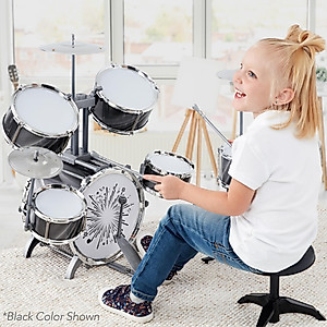 Best Choice Products 18-Piece Kids Beginner Drum Kit, Musical Instrument Toy Drum Set for Music Practice w/LED Lights, Bass, Toms, Snare, Cymbal, Stool, Stand Drumsticks - Red