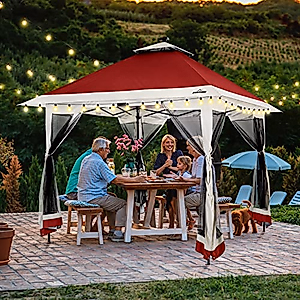 Suntime 13x13 Instant Pop Up Gazebo Canopy Tent Shelter with Solar LED Lights, Zippered Mesh Mosquito Netting, Wheeled Roller Carry Bag, Bonus Weight Sandbags, Stakes, Ropes - Red