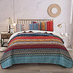 WONGS BEDDING Bohemian Quilt Set and Comforter Set Queen, Boho Striped Pattern Printed Quilt Coverlet for All Season, Soft Microfiber Boho Bedspread Set 90"x96"(3 Pieces, Queen)
