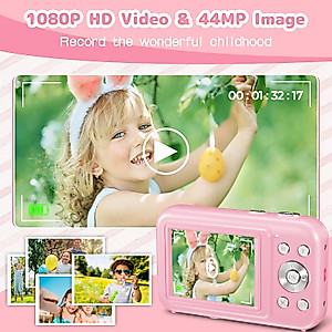 Digital Camera, Kids Camera with 32GB Card, FHD 1080P 44MP Vlogging Camera, 16X Zoom Point and Shoot Digital Camera Compact Portable Rechargeable Cameras for Teens Boys Girls Students Seniors(Pink)