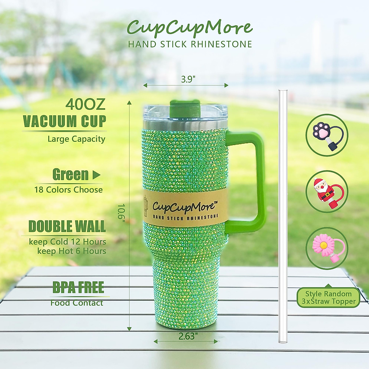 Cupcupmore 40oz Green Bling Rhinestone Stainless Steel Sippy Tumbler Glitter Vacuum Insulated Water Bottle with Straw & Lid &Handle,Thermos for Hot & Cold Drinks,Car Cup Holder,Coffee