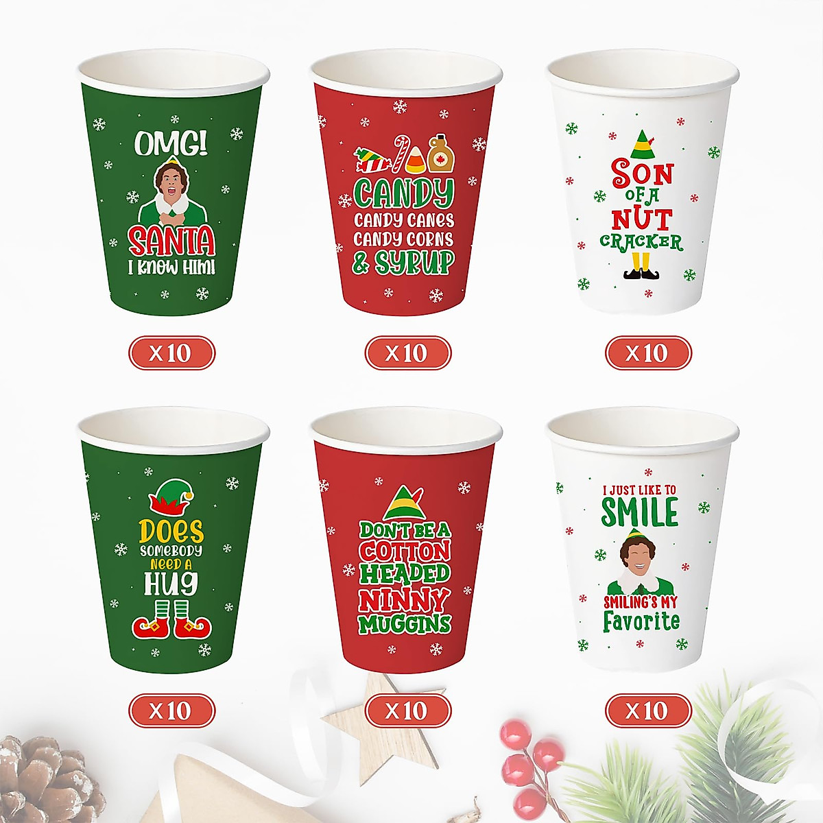 60 Pack Elf Christmas Cups, Buddy The Elf Christmas Party Supplies, 12 oz Funny Holiday Disposable Paper Cups, Xmas Party Drinking Cups for Coffee Cocoa Beverages Tea, Elf Merch Gifts for Women Men