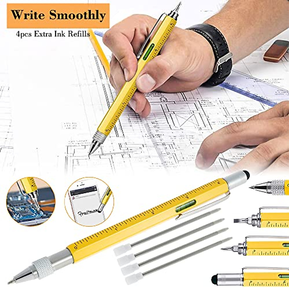 Stocking Stuffers Gifts for Men, Christmas Gifts for Men Dad Husband Engineer Woodworkers Carpenter, 6 in 1 Multitool Pen, Ballpoint Pen Touchscreen Stylus, Ruler, Level, Screwdriver