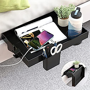 SOLEJAZZ Bedside Shelf for Bed, Foldable Bunk Bed Shelf Clip On Nightstand Tray College Dorm Room Essential Table Caddy with Cup & Cord Holder for Top Bunk Organizer Bedroom, Normal Size, Black