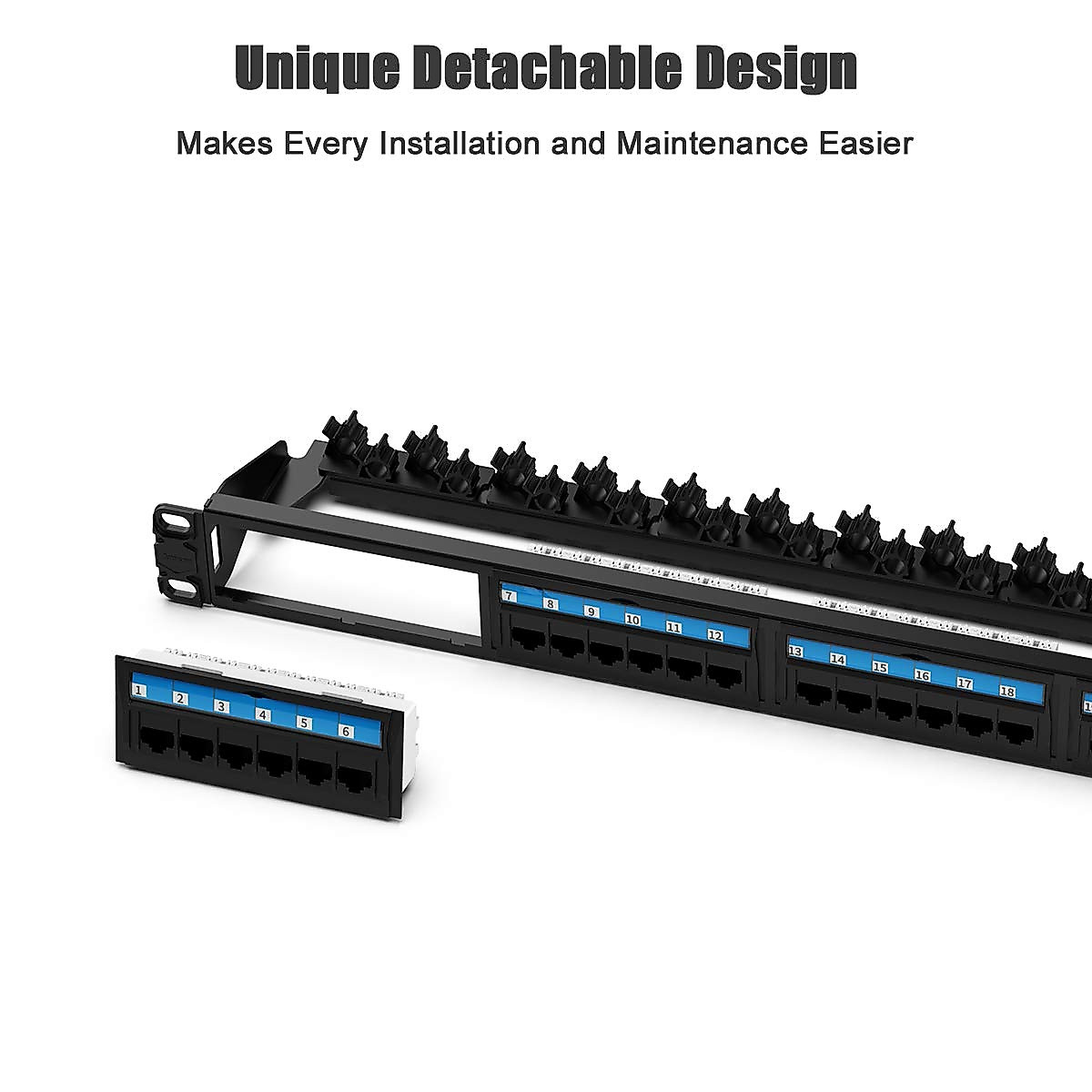 AMPCOM Industrial Series CAT6 24 Ports Patch Panel, Rack Mount - 1U, 19 inch, RJ45 Ethernet 568A 568B, 50u Gold Plated, with Rear Cable Management Bar