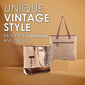 SIXTEASE Tote Bags for Women Large Tote Bag with Zipper Top - Genuine Leather Strap, Upcycled Canvas, Rug, Hair On and Hardware Accents - Vintage Style Hand Stitched - Emblem