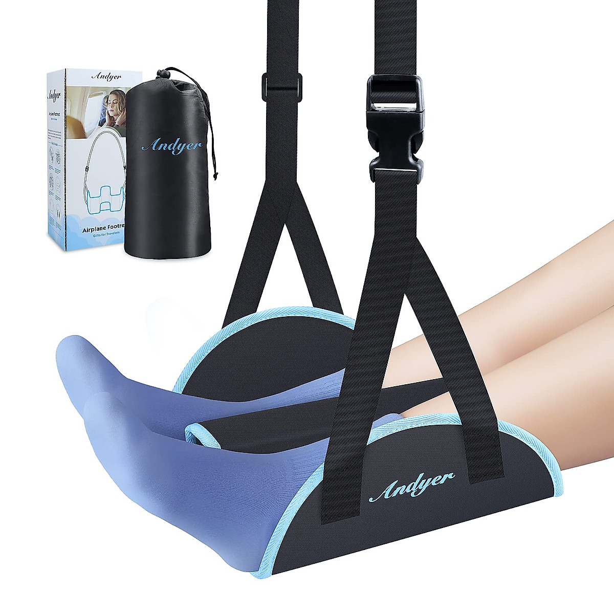 Upgraded Airplane Footrest (Memory Foam), Andyer 2 in 1 Adjustable Foot Rest for Airplane Travel Essentials, Portable Airplane Foot Hammock for Air Plane Flying Long Flight to Relax Your Feet and Leg