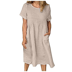 Women's Short Sleeve Crew Neck Loose Midi Linen Dress Casual Summer Solid Color Cotton Linen Dresses with Pockets