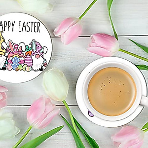 Whaline 4Pcs Easter Ceramic Coaster Set Bunny Gnome Egg Carrot Prints Drink Coasters Cartoon Style Absorbent Coasters for Easter Egg Hunt Home Decor Table Protection Housewarming Gifts
