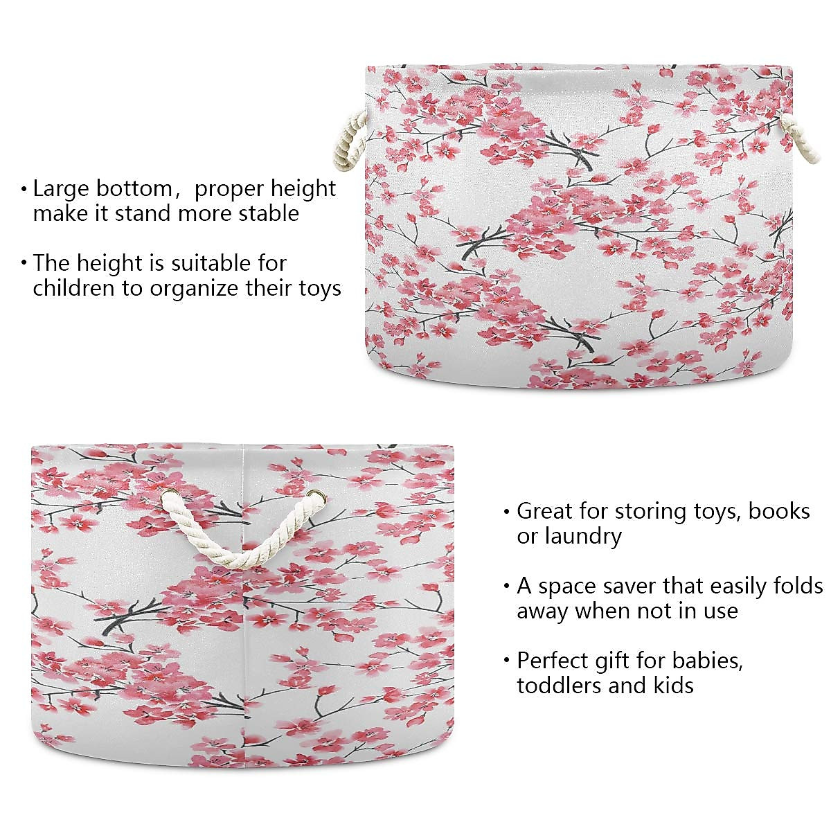 SUABO Large Pink Storage Basket, Cherry Blossoms Laundry Hamper Collapsible Hamper Bin with Handle, Laundry Baskets for Clothes, 20x14