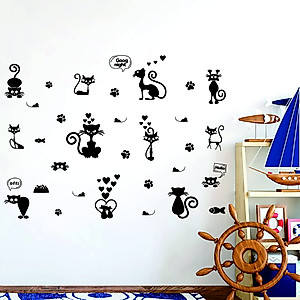 ANFRJJI Removable PVC Wall Sticker - Lovely Cat Light Switch Decal with Cartoon Animal Mural - Effect 41"x55"inch - Cute and Fun Home Decor for Kids and Cat Lovers (Black-JWH210-Cat)