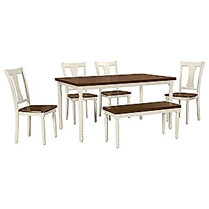 KELRIA Classic 6-Piece Dining Set with Elegant & Modern Design, Including Wooden Table and 4 Chairs and 1 Bench, Easy to Assemble, for Kitchen, Playroom, Home Bar, Brown+Cottage White