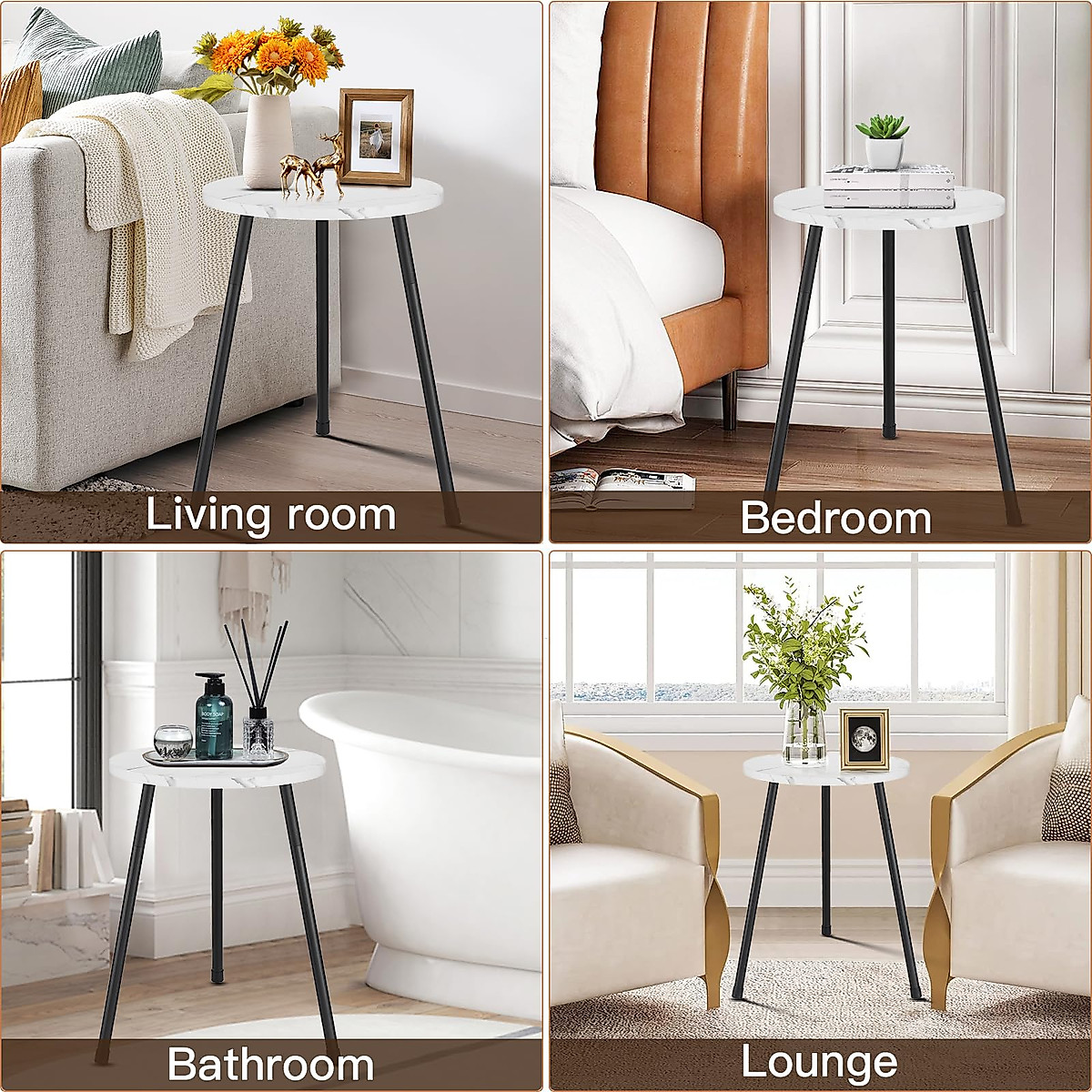 KINNARY Round Side Table Set of 2, Small Accent End Table for Living Room, Bedroom, Small Spaces, Height Adjustable Metal Legs, Nightstand Coffee Bedside Table for Office, Marble White