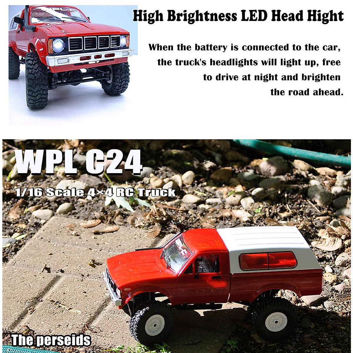 The perseids RC Rock Crawler RC Trucks 4x4 Pickup 1:16 Remote Control Car 2.4G Off-Road RC Crawler Semi Truck and Trailer All Terrain RTR Racing Vehicles Pickup with 2 Batteries (WPL C24)