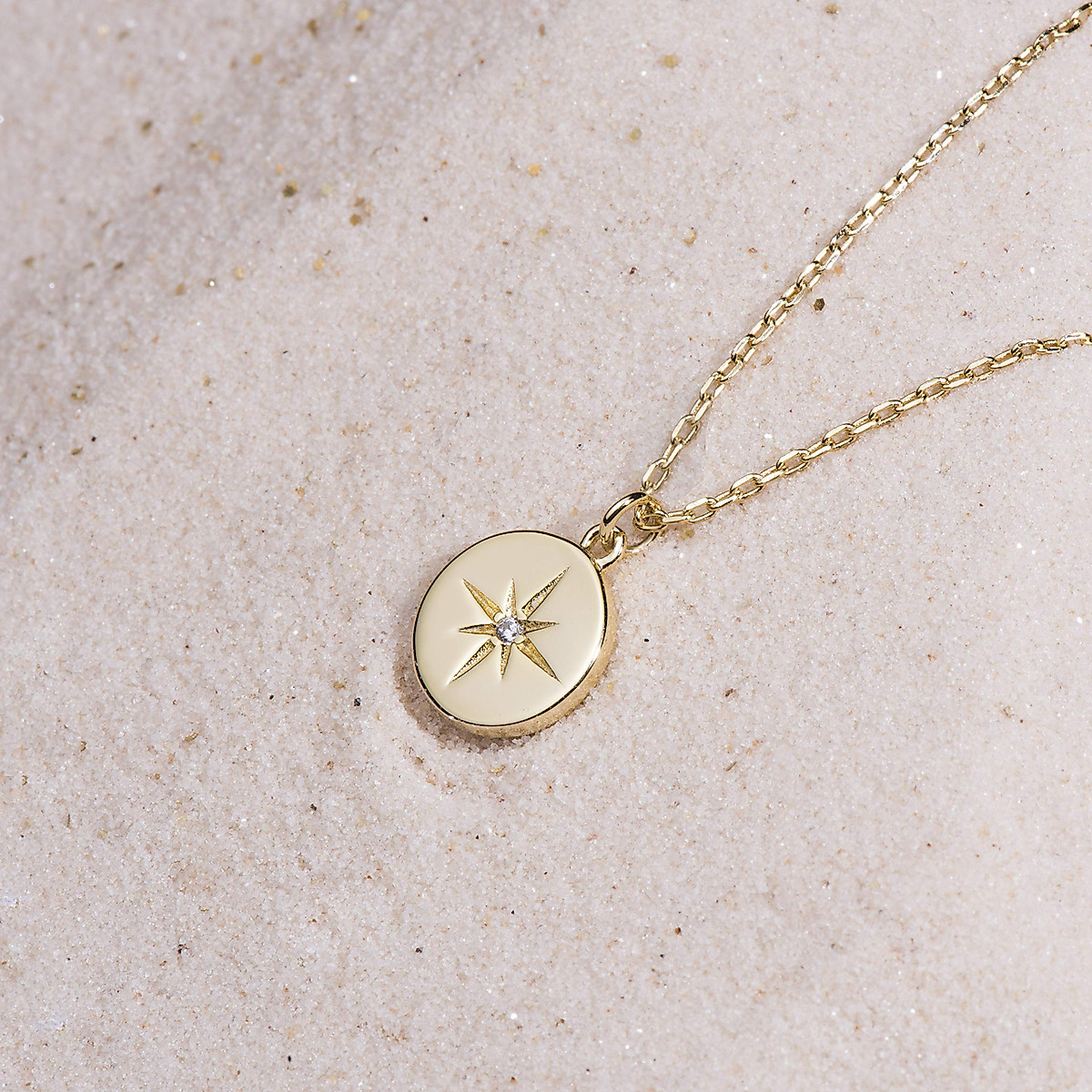 S.Leaf Compass Necklace Gold Coin Necklace Starburst Disc Pendant Necklace for Woman (14K gold plated)