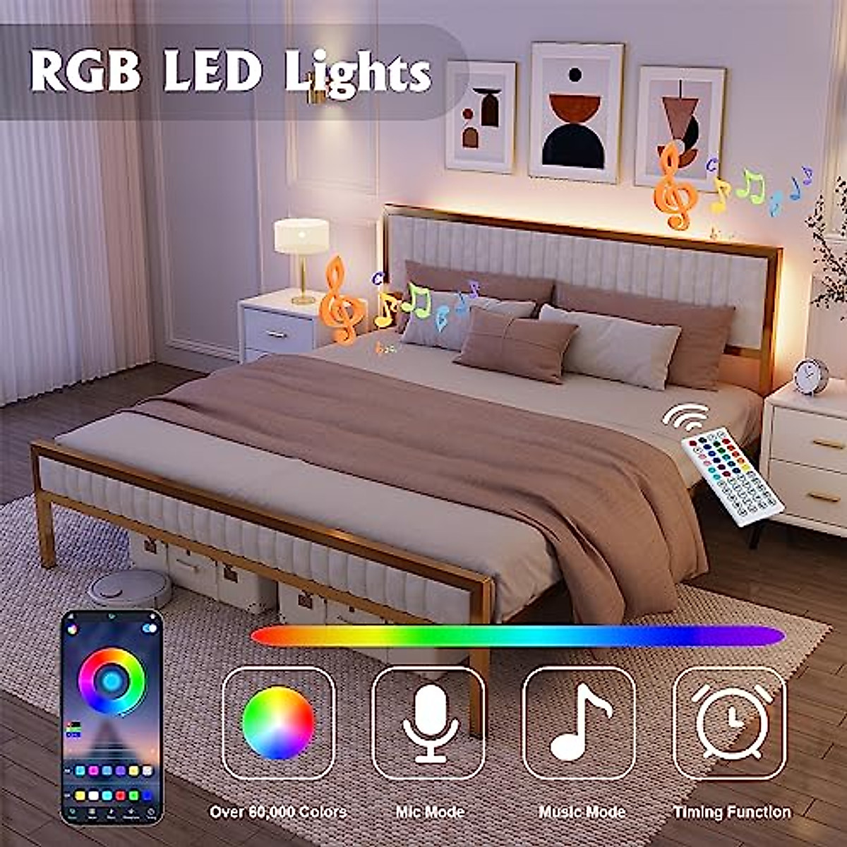 HOMFAMILIA King Size Bed Frame with Headboard, Upholstered White and Gold Platform Bed Frame w/LED Lights and Under-Bed Storage, No Box Spring Needed, Noise Free, Easy Assembly