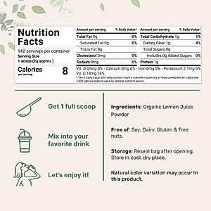 Organic Lemon Juice powder, 10 Ounce | 100% Natural Fruit Powder | Cold Pressed Lemons Source | No Sugar & Additives | Great Flavor for Drinks, Smoothie, & Beverages | Non-GMO & Vegan Friendly