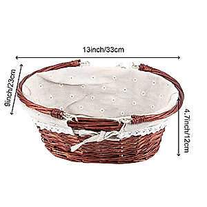 2 Pack Brown Wicker Woven Bread Basket with Handle, Oval Willow Woven Basket with Cotton Cloth Lining1